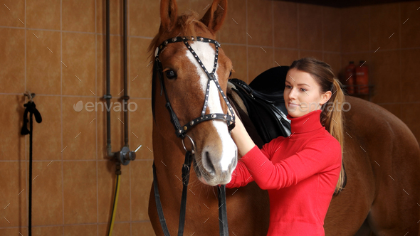Beautiful girl with her horse in stable. Stock Photo by stockfilmstudio