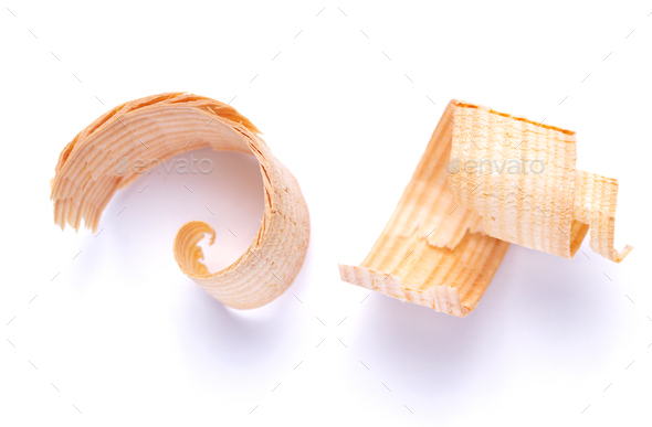 Wood shavings isolated at white background. Wooden shaving on white ...