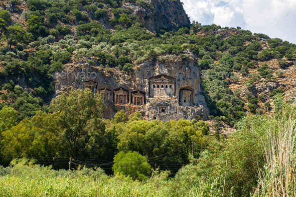 Famous Lycian Tombs of ancient Caunos city, Dalyan, Turkey Stock Photo ...