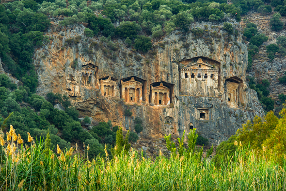 Famous Lycian Tombs of ancient Caunos city, Dalyan, Turkey Stock Photo ...