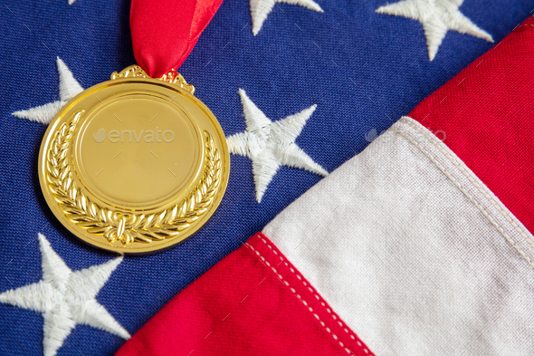 Medal gold for USA. Winner prize award with ribbon on US flag ...