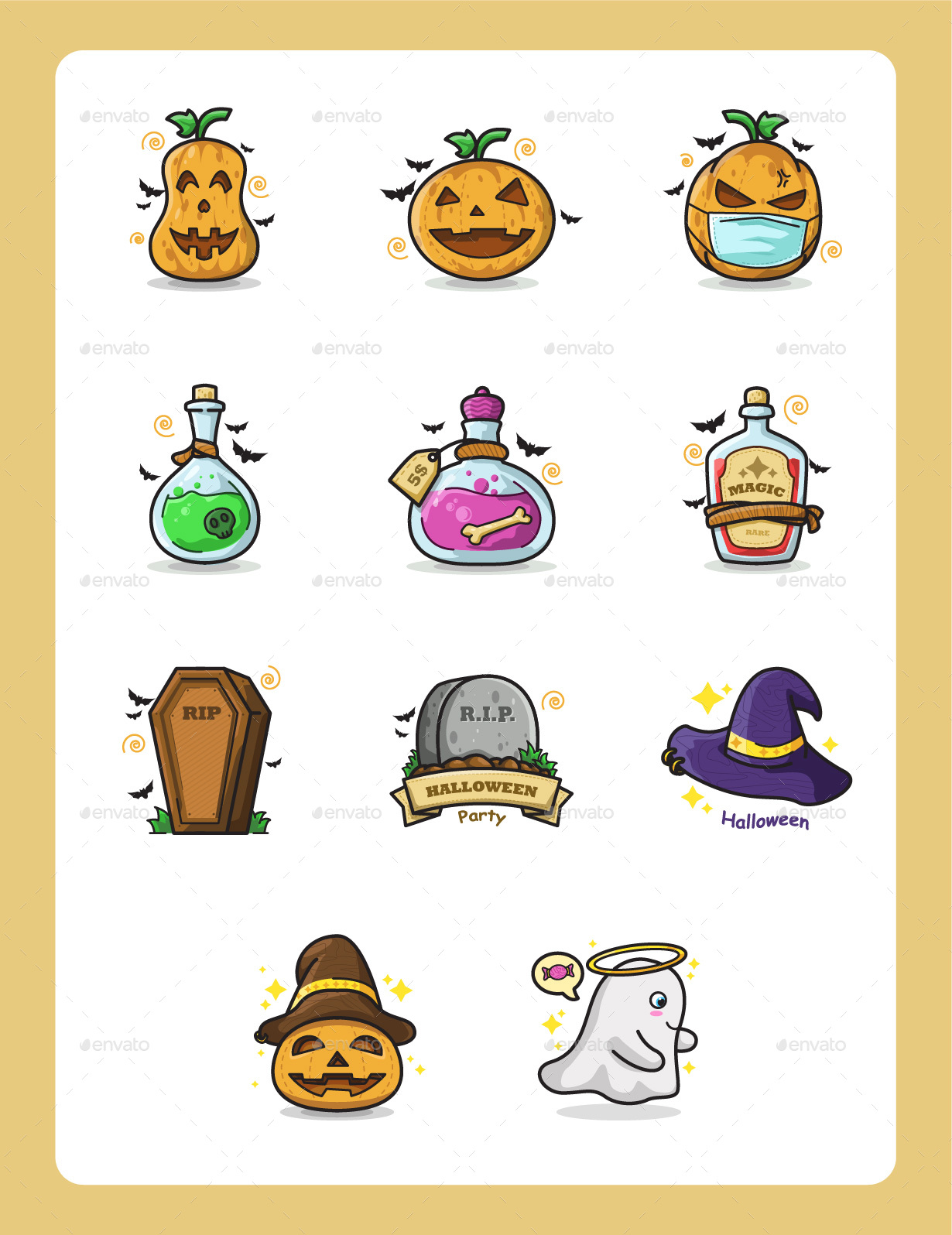Set of Cute Halloween Line Art Illustration and Text Effect, Vectors