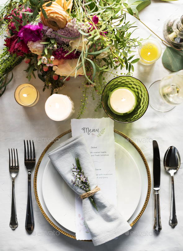 Elegant Restaurant Table Setting Service for Reception with Menu Card ...