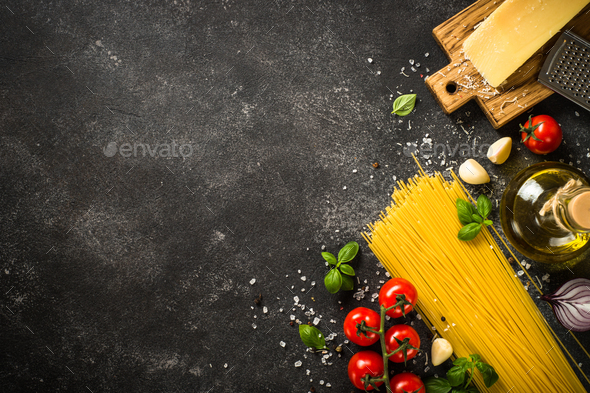 Italian food background at white bkitchen table Stock Photo by Nadianb