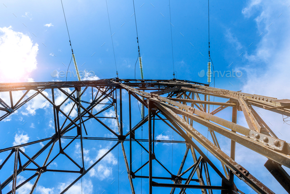 Installation of column for high-voltage electricity line Stock Photo by ...