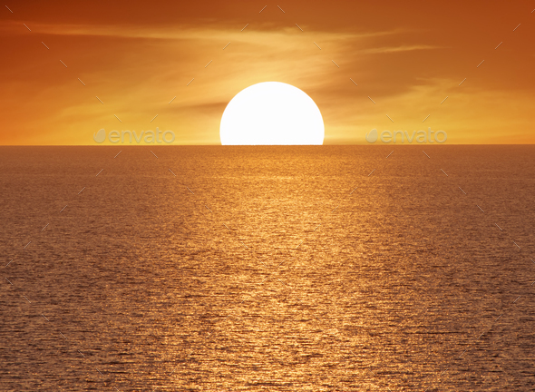Big sun and sea sunset background. Stock Photo by rozum | PhotoDune