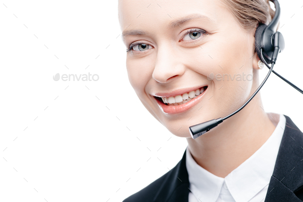 female smiling operator working with headset, isolated on white Stock ...