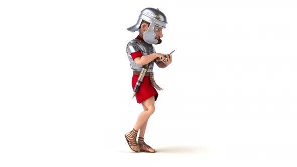 Fun 3D cartoon roman soldier walking with a smartphone, Motion Graphics