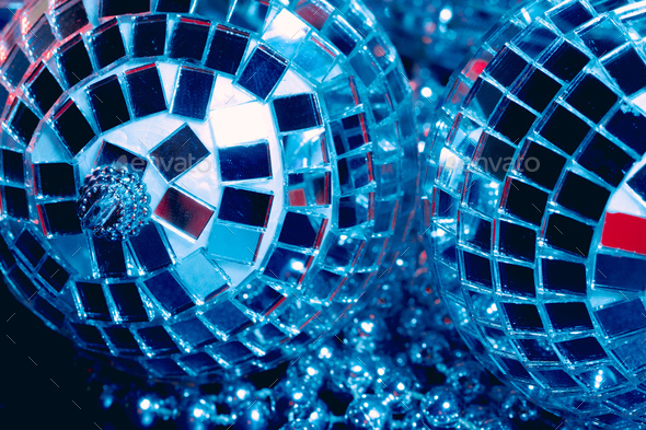 Mirror balls reflecting lights close up, nightlife background Stock ...