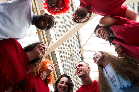 View from below of a group of people celebrating together Stock Photo ...