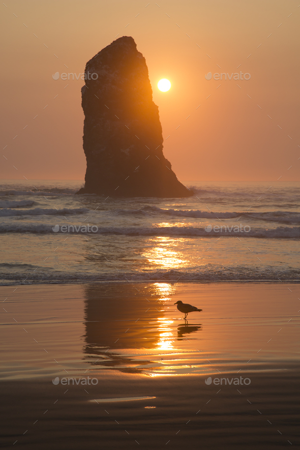 Sun setting behind rock in waves on beach. Stock Photo by Mint_Images