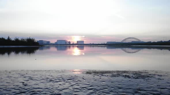 Stunning twilight view of a city skyline over the water, Stock Footage