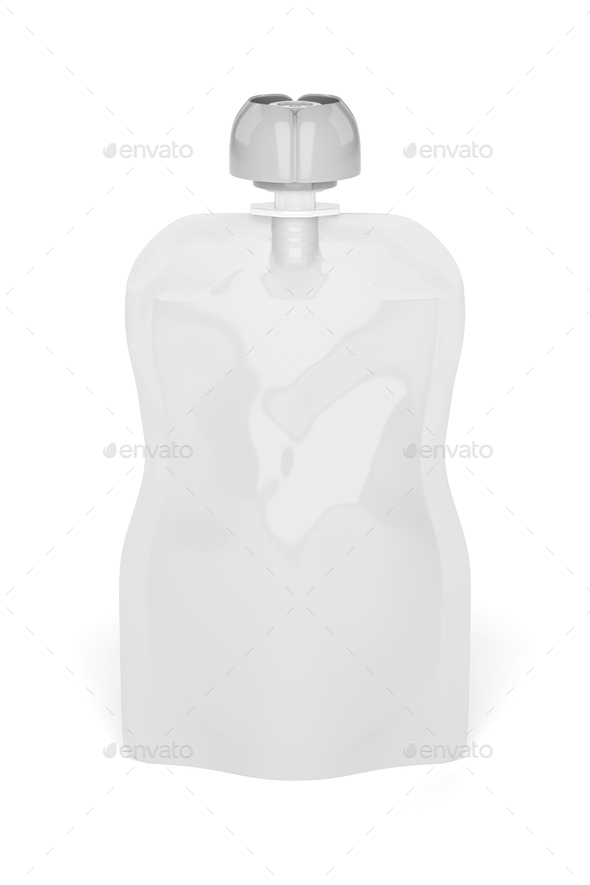 White empty plastic pouch for baby food mock-up isolated on white. 3d ...