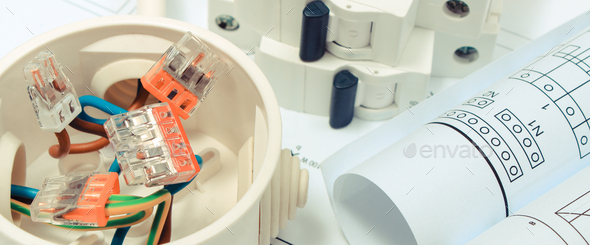 Electrical box with connections of electric copper wires, electric fuse ...