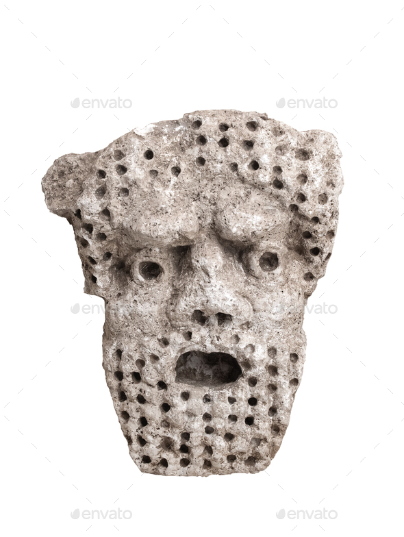 antique demon stone statue head isolated on white Stock Photo by macondoso