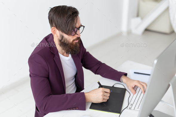 People, designer and technology concept - Man illustrator with ...