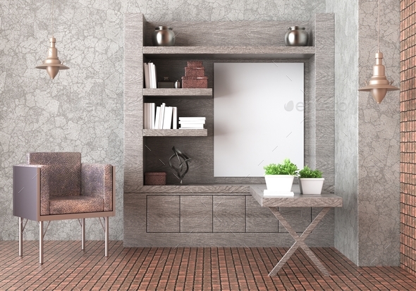 3D Mockup photo frame in Modern interior work area Stock Photo by ...