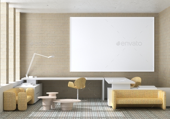 3D Mockup photo frame in Modern interior work area Stock Photo by ...
