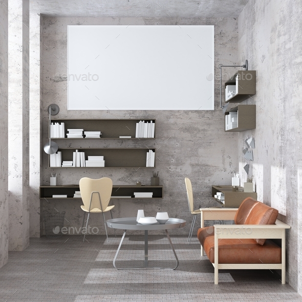 3D Mockup photo frame in Modern interior work area Stock Photo by ...