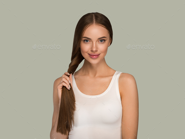 Beautiful woman with long smooth healthy hair tail beauty casual style ...