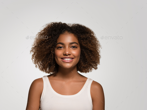 Beautiful african woman white t-shirt portrait afro haircut Color ...