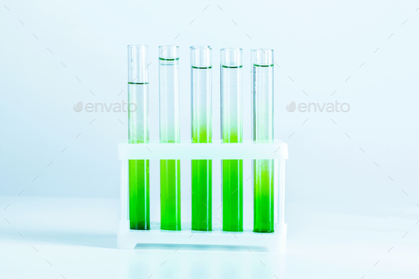 Green liquids in test tubes in chemical laboratory close up Stock Photo ...