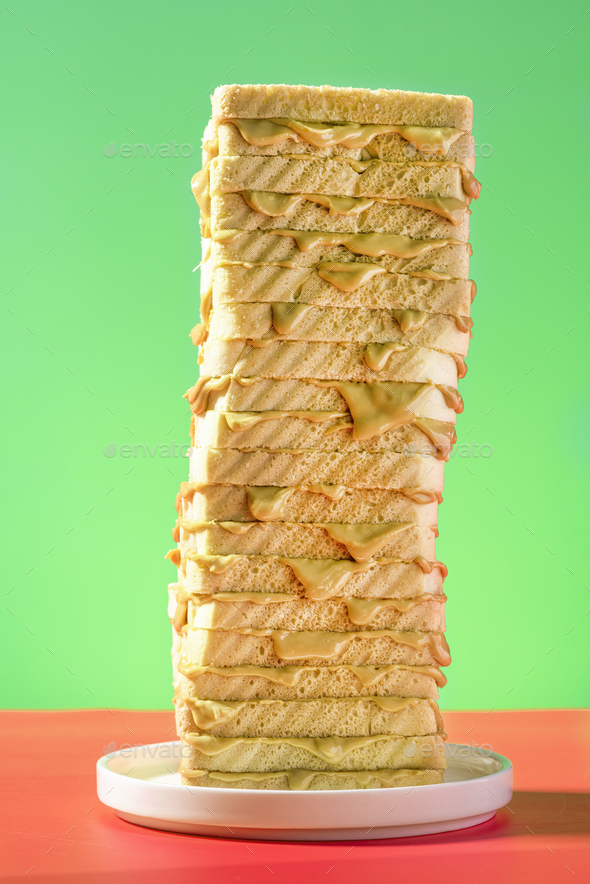 Toast Bread Tower Sandwich Stack With Peanut Butter on Bright ...
