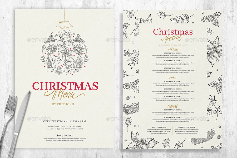 Christmas Menu with Holly Design, Print Templates | GraphicRiver