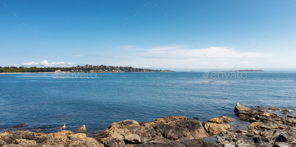 View of Rocky shore with birds at a modern city park, Clover Point ...