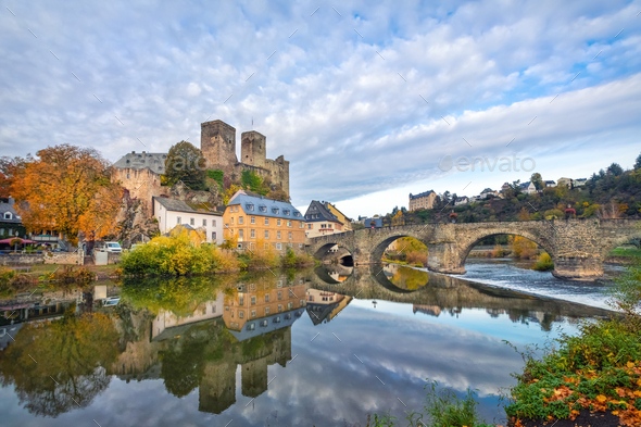 Runkel Castle and old stone bridge in Runkel, Germany Stock Photo by ...
