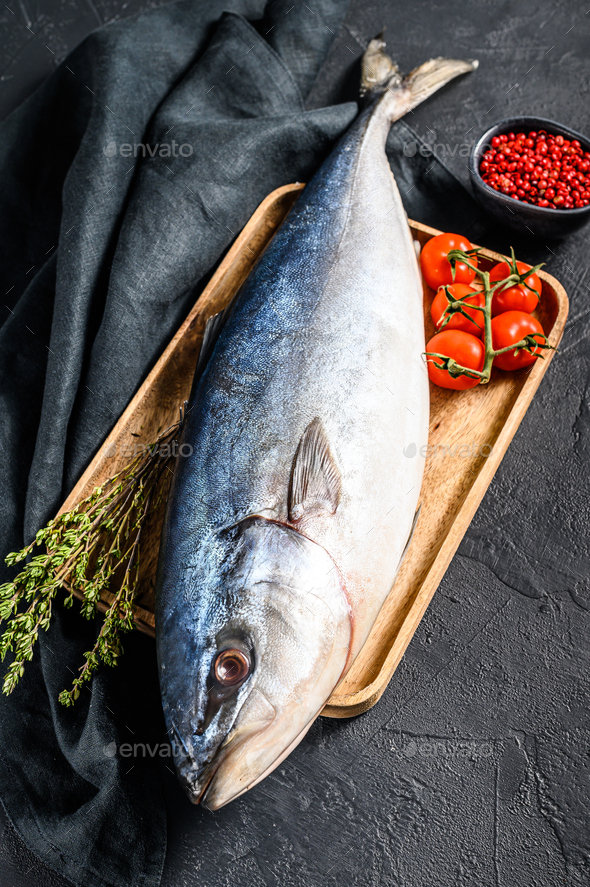 Fresh whole Japanese amberjack. Raw Fish Yellowtail. Black background ...