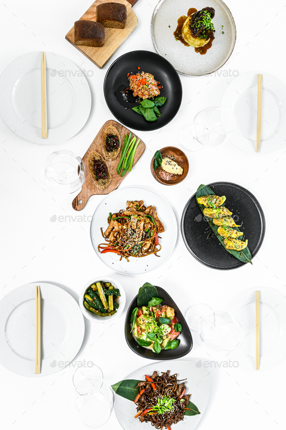 Assorted Chinese food set. Noodles, fried rice, dumplings, peking duck ...