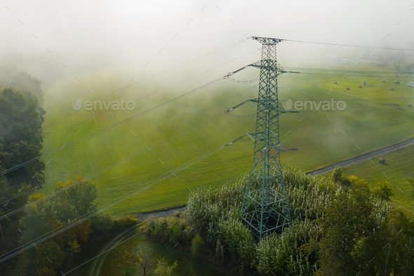 Aerial view of the high voltage power lines and high voltage electric ...