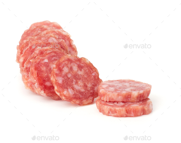 pile of salchichon, red spanish salami, isolated on a white background ...