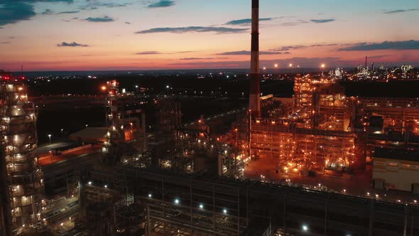 Facilities of the Petroleum Refinery Filmed in the Evening, Stock Footage