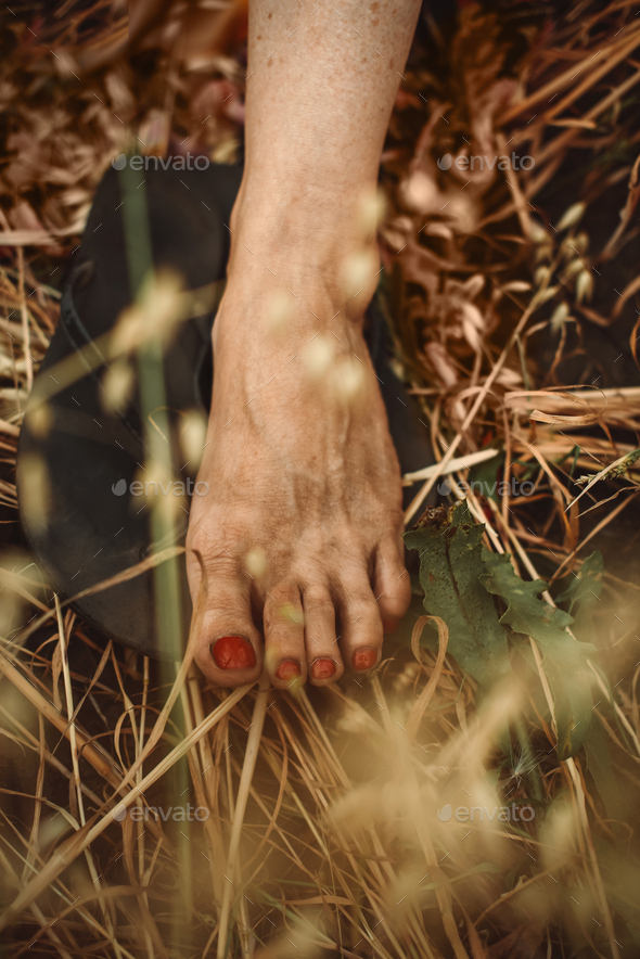 Dusty messy female foot on black ground in field Stock Photo by ira_evva