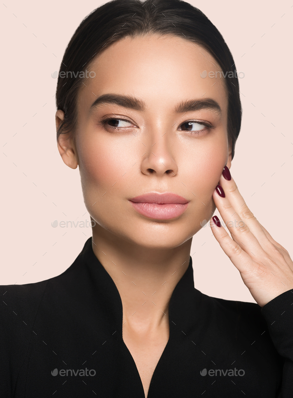 Asian beauty woman healthy natural make up clean skin touching her face ...