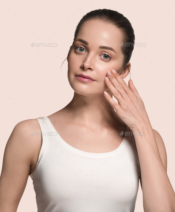 Clean skin woman face natural make up beautiful beauty model. Color ...