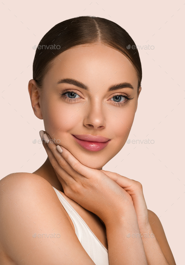 Beautiful skin face woman natural make up healthy skin touching her ...