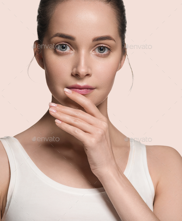 Clean skin woman face natural make up beautiful beauty model. Color ...