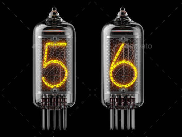 Nixie tube indicator. Number 5 five and 6 six on black background ...