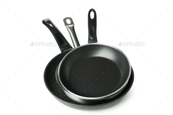 Pan with utensil isolated on white background Stock Photo by AtlasComposer