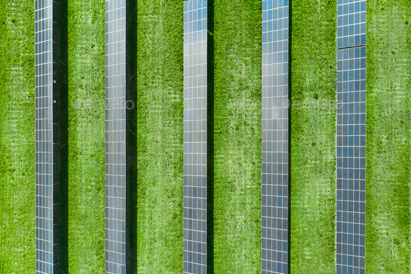 Top view of solar power station for production of electricity. Vertical ...