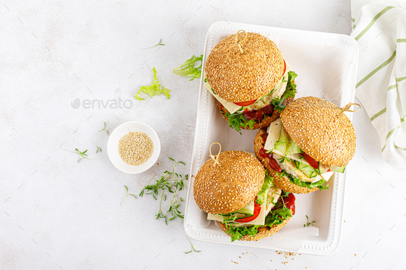 Hamburger with grilled chicken burger, fresh cucumber, tomato, cheese ...