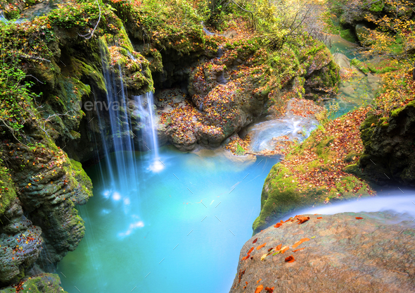 Amazing waterfalls of aquifer with bright vegetation Stock Photo by ...