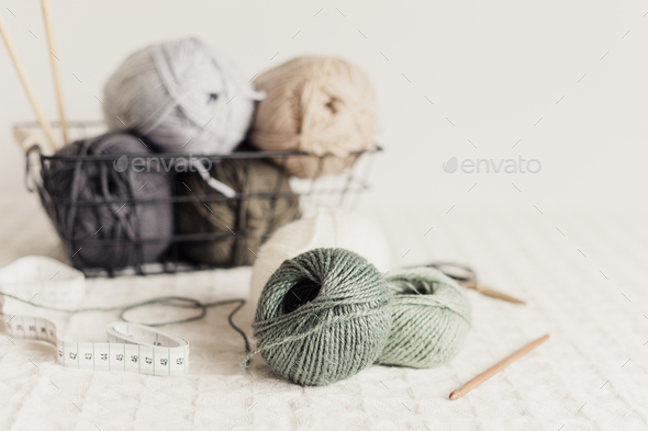 Craft hobby background with yarn in natural colors. Recomforting ...