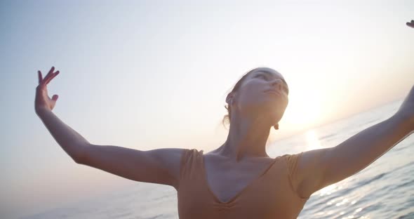 Slim Gorgeous Woman Spinning in Sunshine Moving Hands in Slow Motion ...