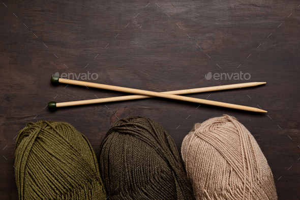 Craft hobby background with yarn in natural colors. Recomforting ...