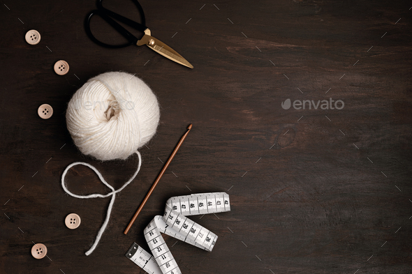 Craft hobby background with yarn in natural colors. Recomforting ...