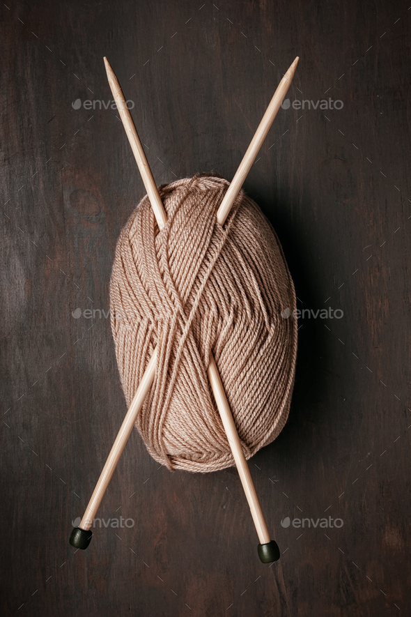 Craft hobby background with yarn in natural colors. Recomforting ...